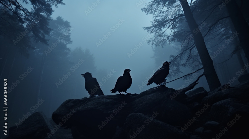 Dead cliff road on the dead mysterious forest with three crows on the ...