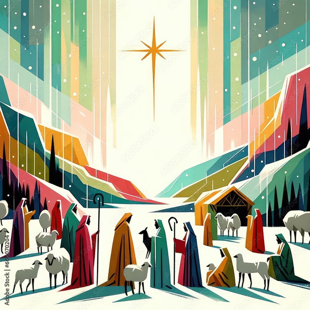 Christmas Nativity Scene. The shepherds visiting Jesus. Colorful ...