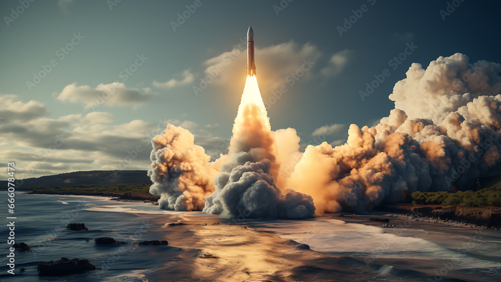 Ballistic missiles take off from the coast. Stock Illustration | Adobe ...