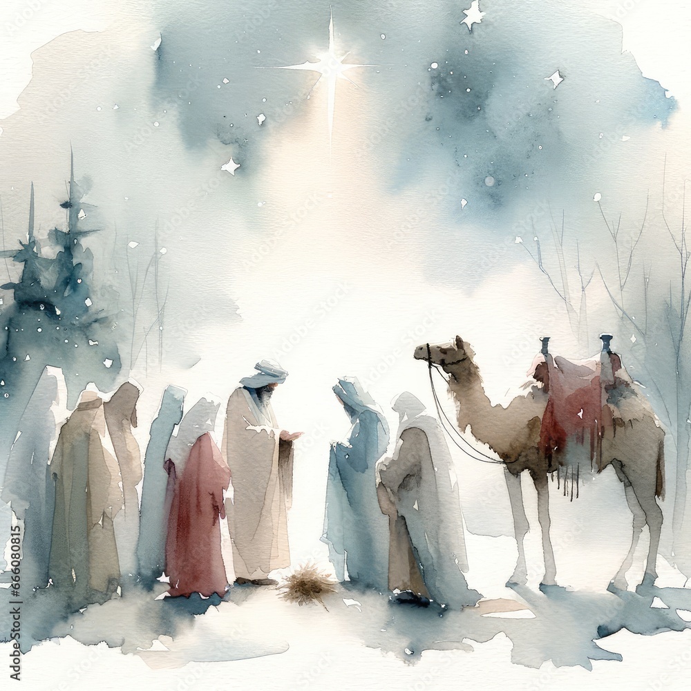 Watercolor painting of the visit of the Three Wise Men Stock ...