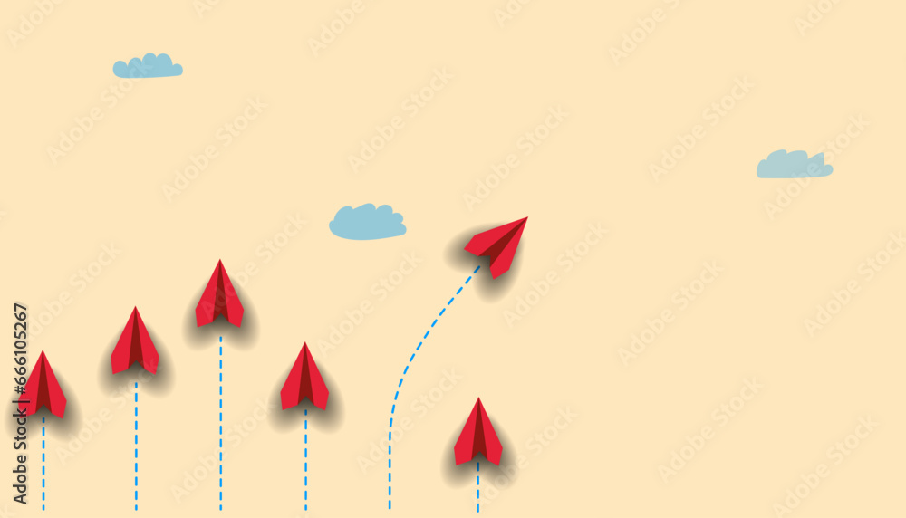 paper airplanes. red airplane changing path It is moving towards change ...