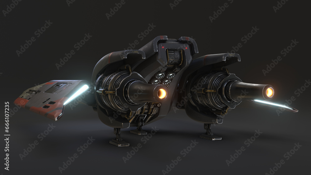 Concept assault fighter, gunship, scratched metal grey-green, orange ...