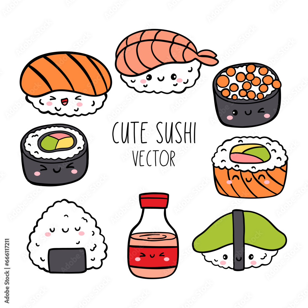 Draw vector illustration collection cute sushi Japanese food Doodle ...