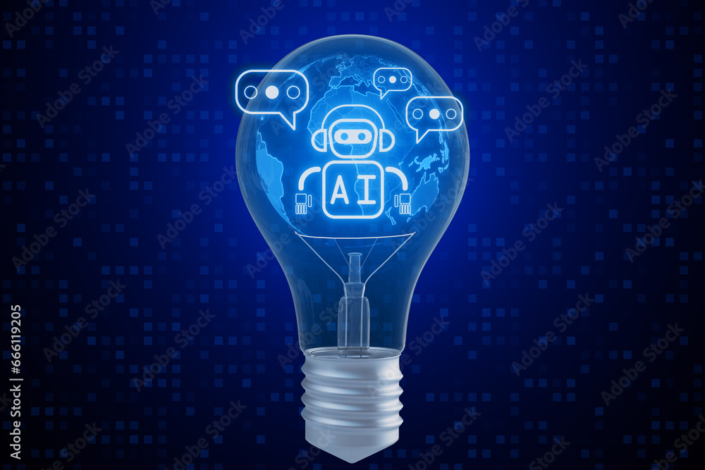 Creative glowing light bulb with robot and globe ai hologram on dark ...