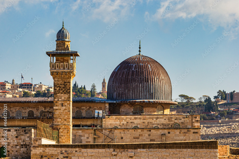 Beautiful view at the Al Aqsa mosque and its minaret in the old town of ...