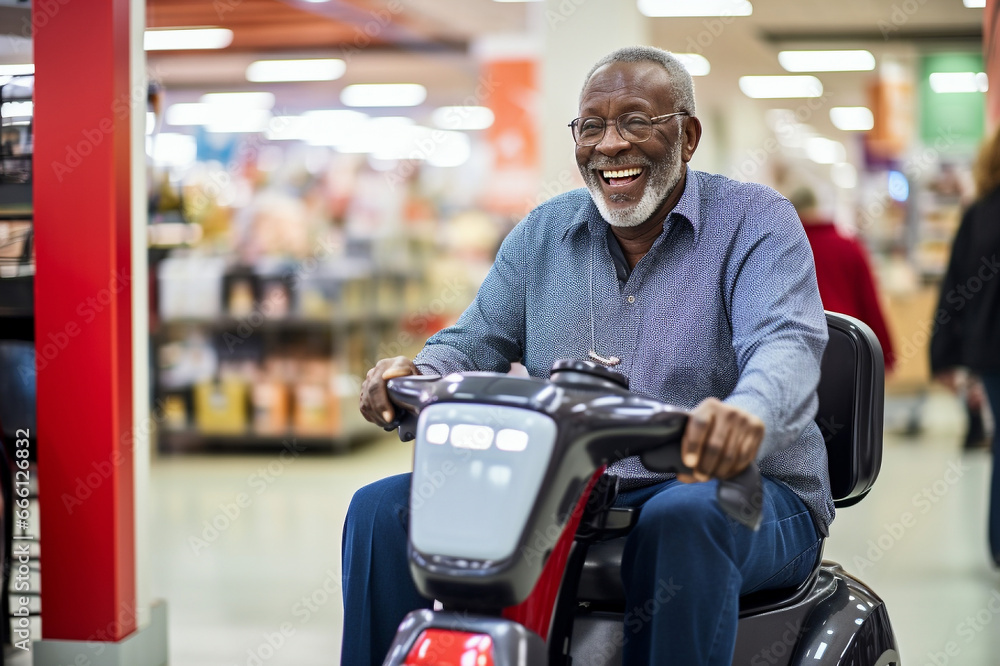 African American grandpa navigating the supermarket aisles on a ...