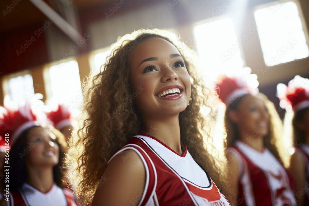 American college cheerleaders in the gym, leading the cheer with ...
