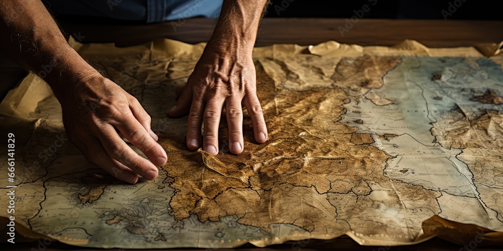 Hands unfolding an aged, weathered map of a long-lost city, concept of ...