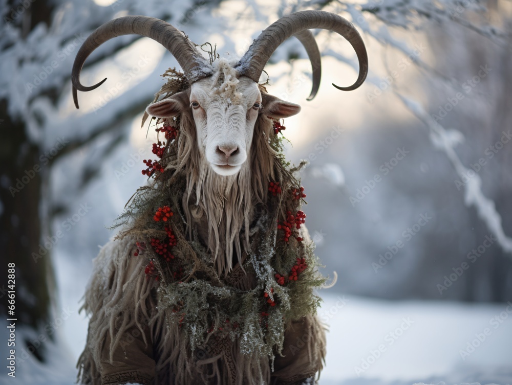 Decorated Yule goat adorned with festive foliage and berries in snow ...