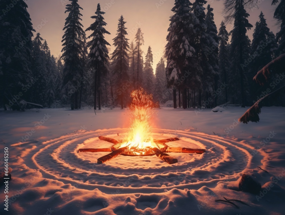 Majestic bonfire amidst snowy forest with pattern. Winter Yule ritual ...