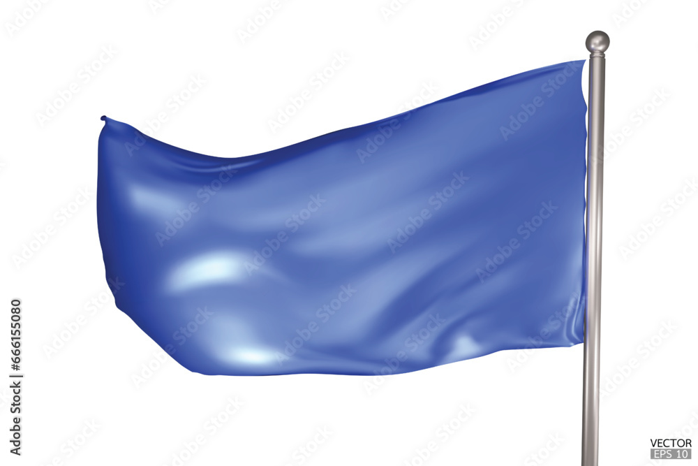 Blank blue flag on white background. A blue flag waving in the wind on ...