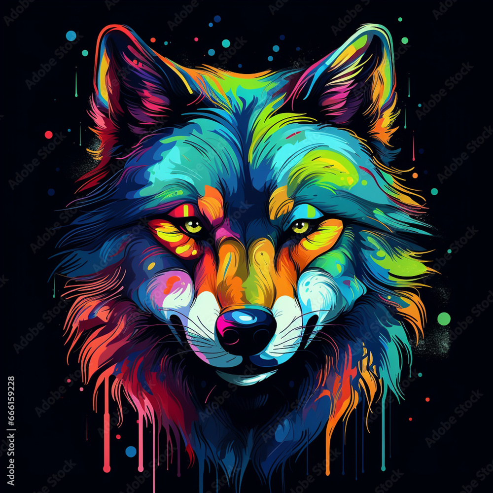 Wolf. Abstract, neon, multi-colored portrait of a wolf head on a dark ...