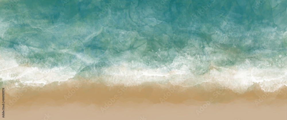 Tropical sea with waves and beach. Vector travel watercolor ...