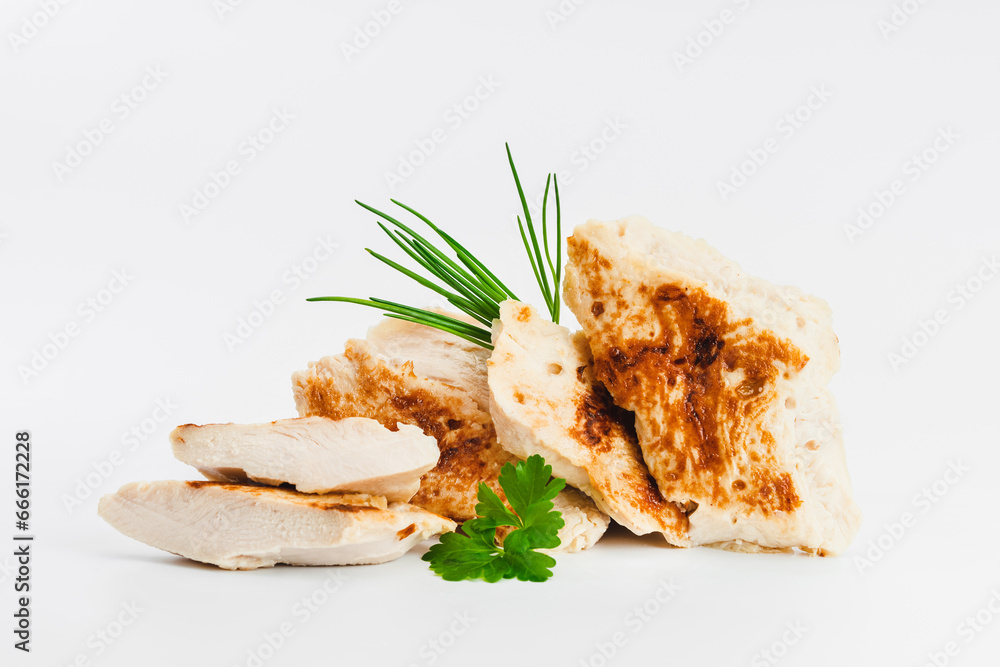 Chicken fillets fried until half cooked, semi-finished product with ...