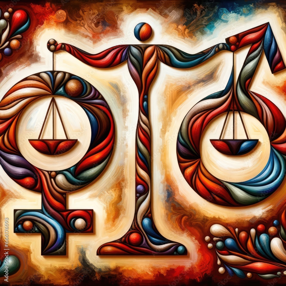 Colorful artwork with male and female symbols signs scales, man and ...