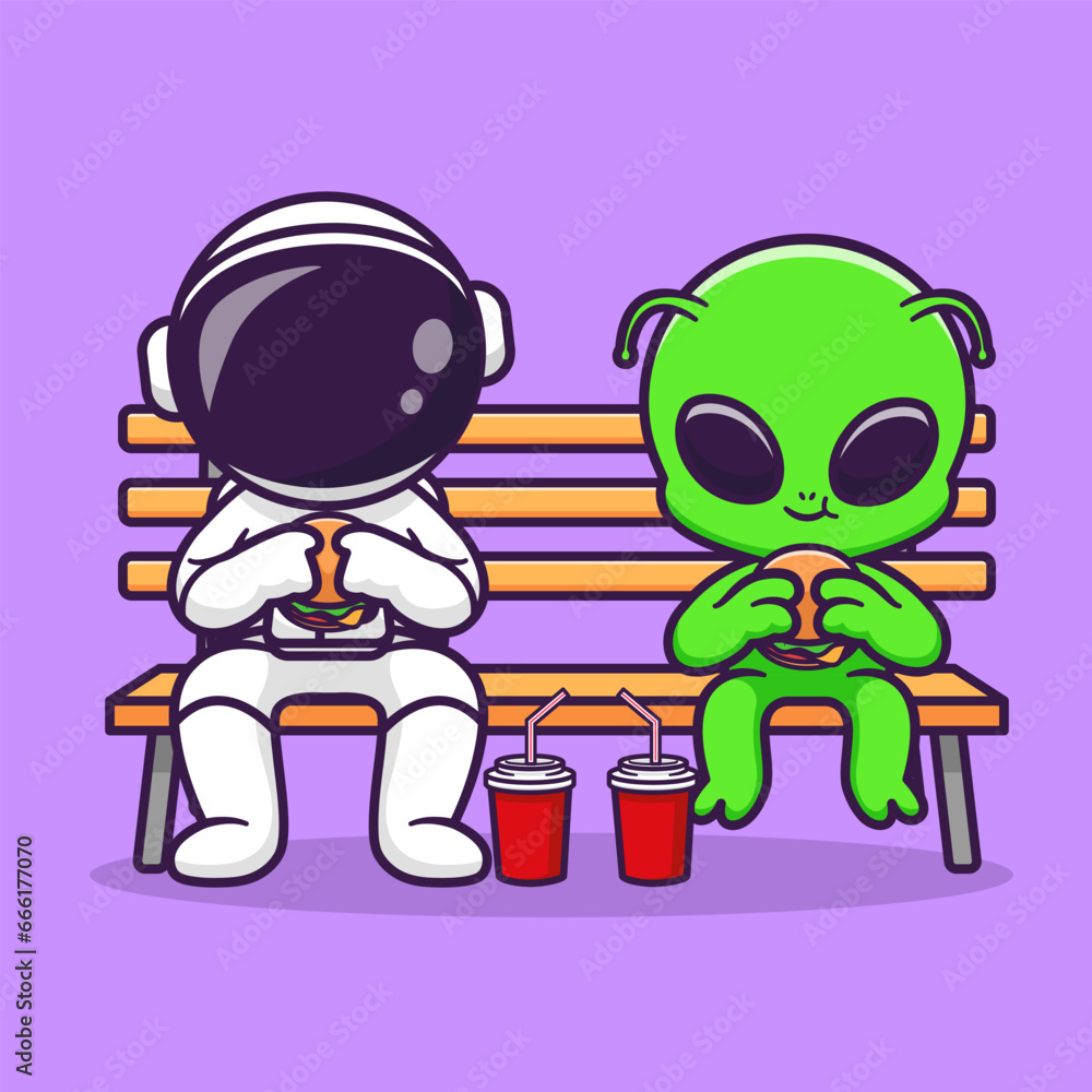 Cute Astronaut And Alien Eating Fastfood On Bench Park Cartoon Vector ...