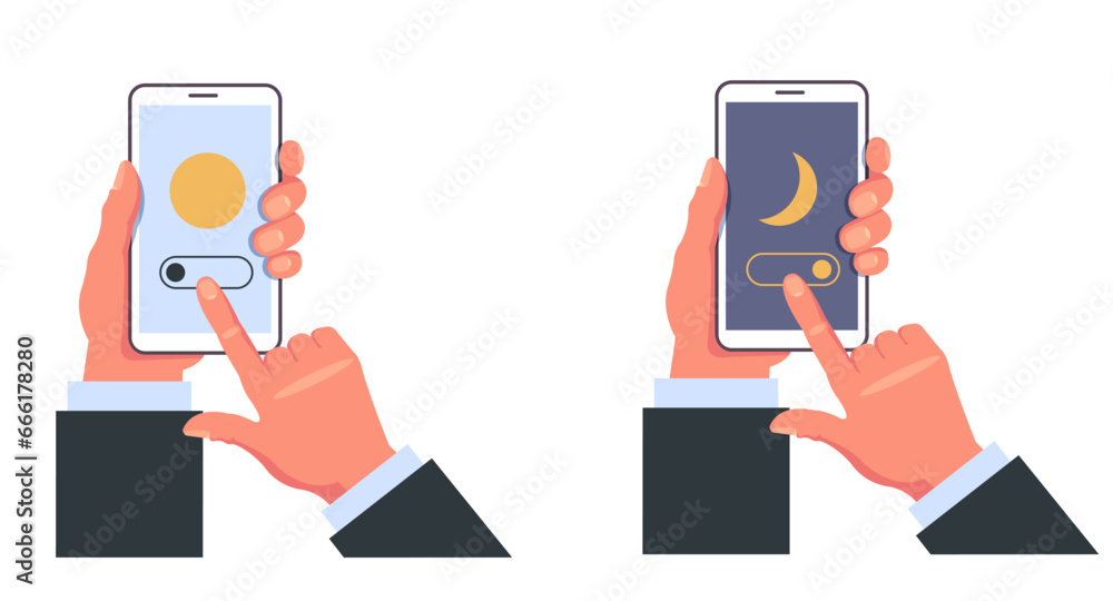 Hand hold phone with day and night mode app screen isolated set. Vector ...