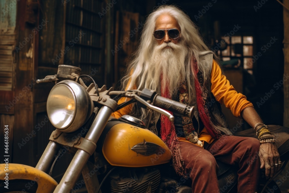 Rebel style embodied, a bearded biker dons shades atop his roaring ...