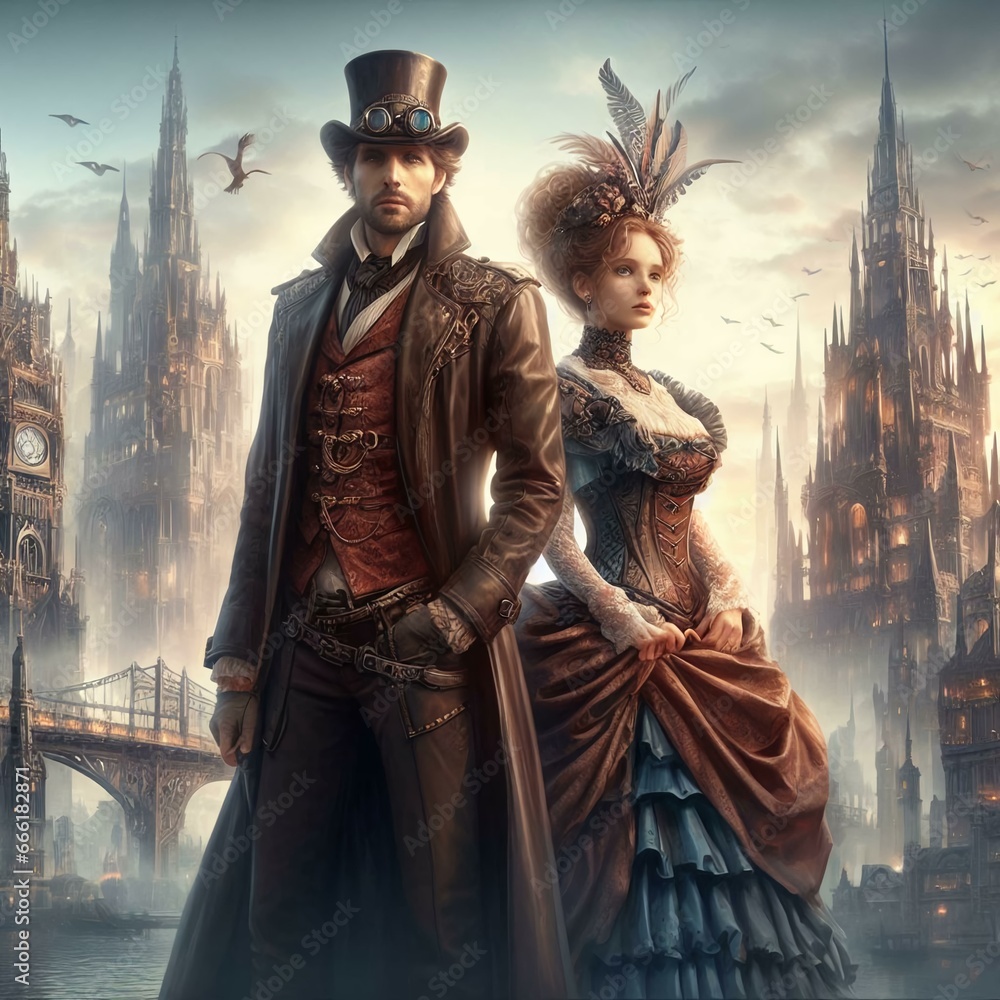 A man and a woman standing next to each other, fantasy victorian art ...