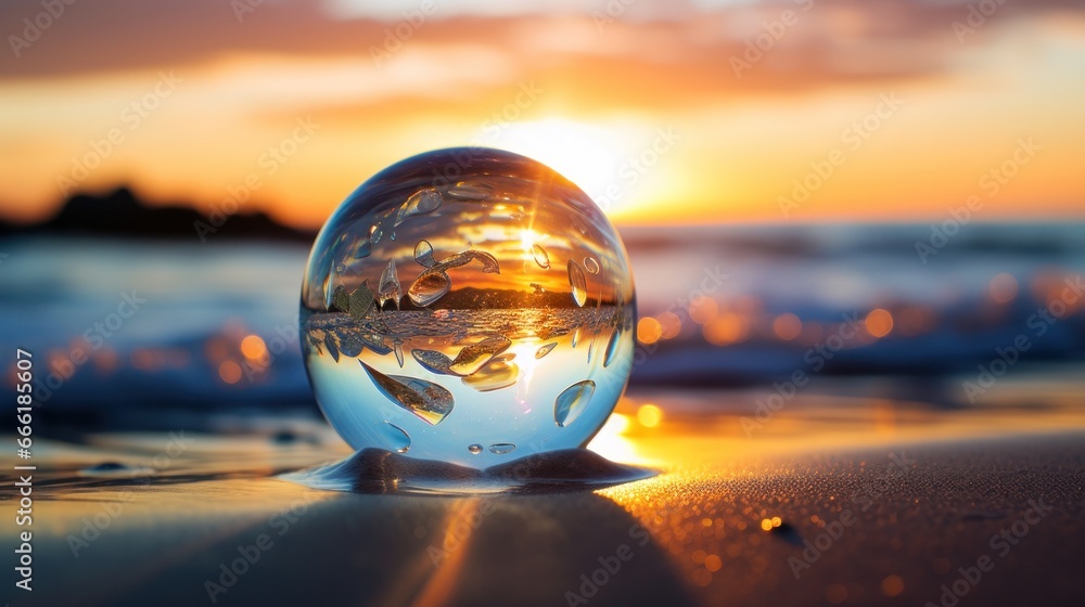 As the fiery sun sinks into the horizon, the glass ball reflects the ...