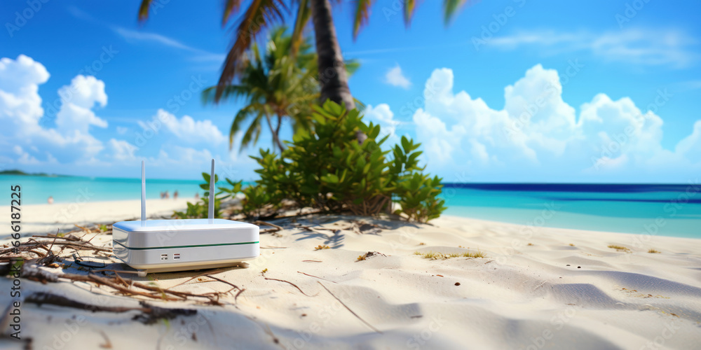Wi-fi router on the sea beach by the hotel. Oceanfront wifi internet ...
