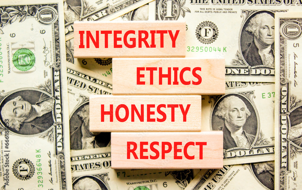 Integrity ethics honesty respect symbol. Concept word Integrity Ethics Honesty Respect on block ...