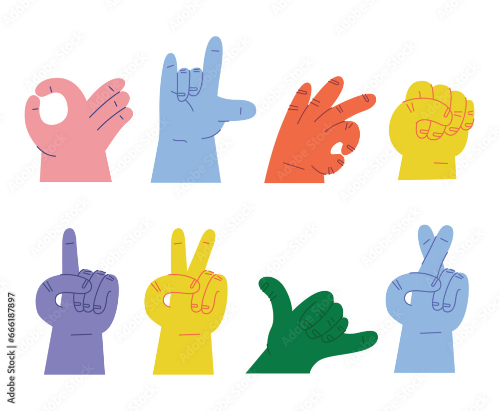 Cartoon hands abstract drawn comic. Set of Hand color different signs ...