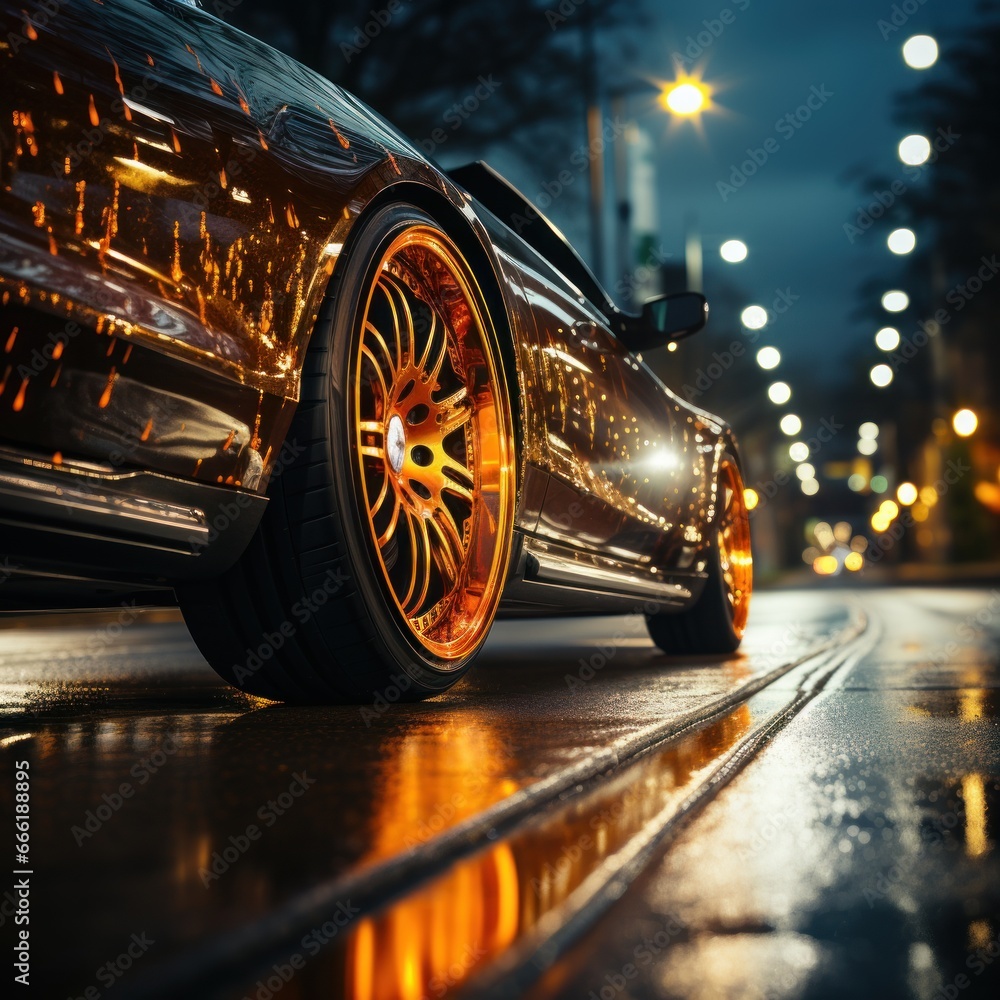 Car rims in the display case and asphalt background are neatly arranged ...