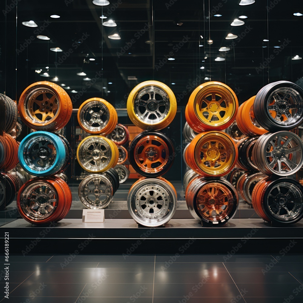 Car rims in the display case and asphalt background are neatly arranged ...