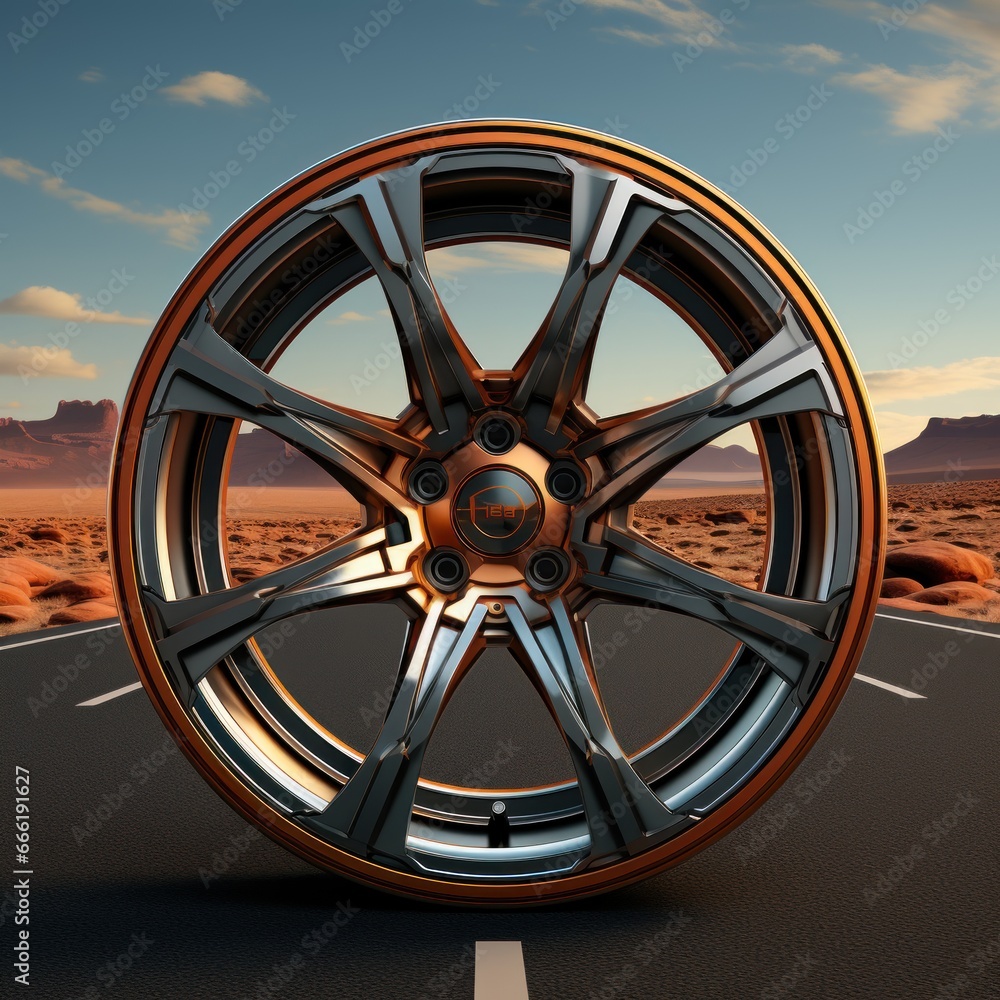 Car rims in the display case and asphalt background are neatly arranged ...