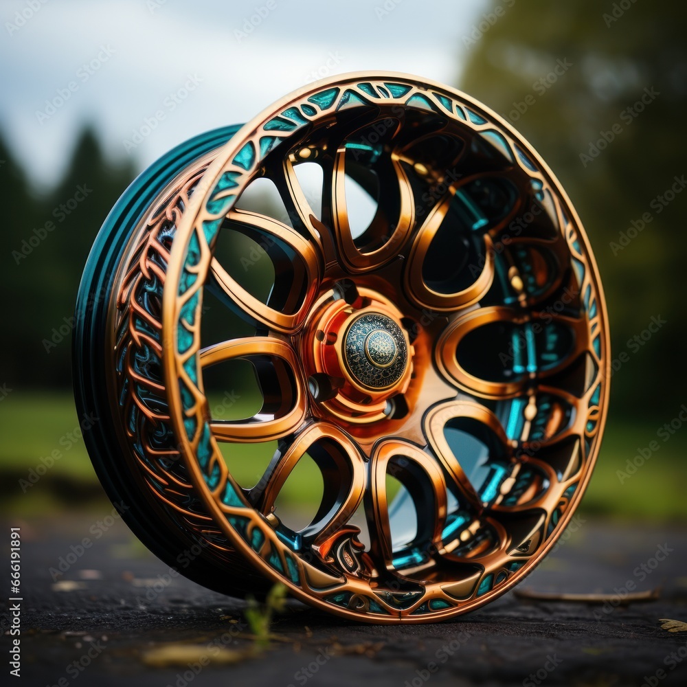 Car rims in the display case and asphalt background are neatly arranged ...