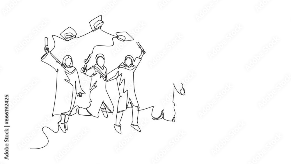 Self drawing animation of single line draw group of happy graduate male ...