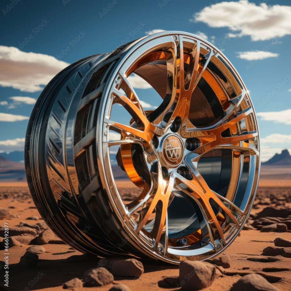 Car rims in the display case and asphalt background are neatly arranged ...