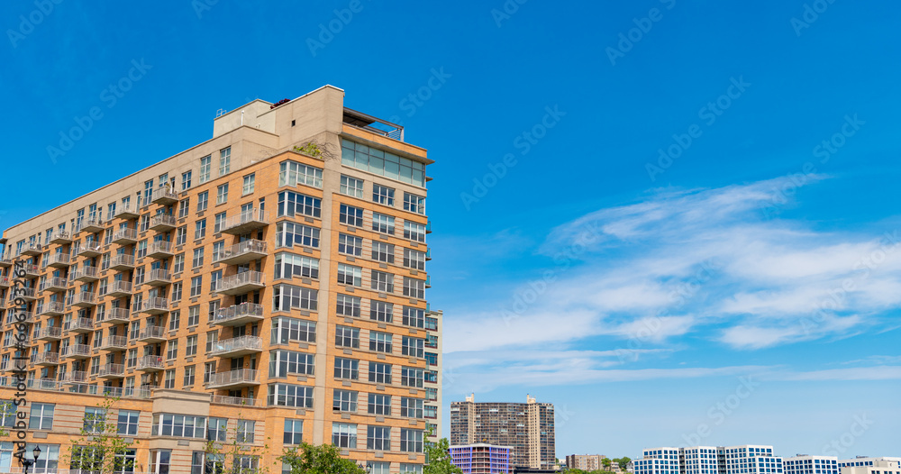 city downtown with skyscraper. office or residential building exterior ...
