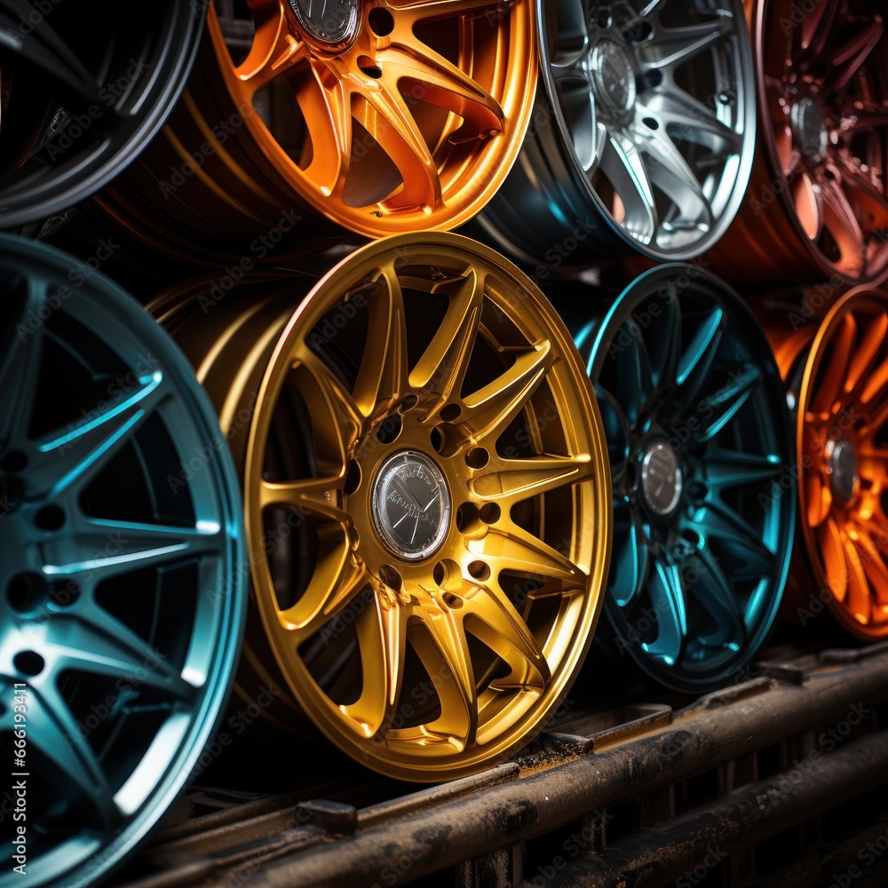 Car rims in the display case and asphalt background are neatly arranged ...