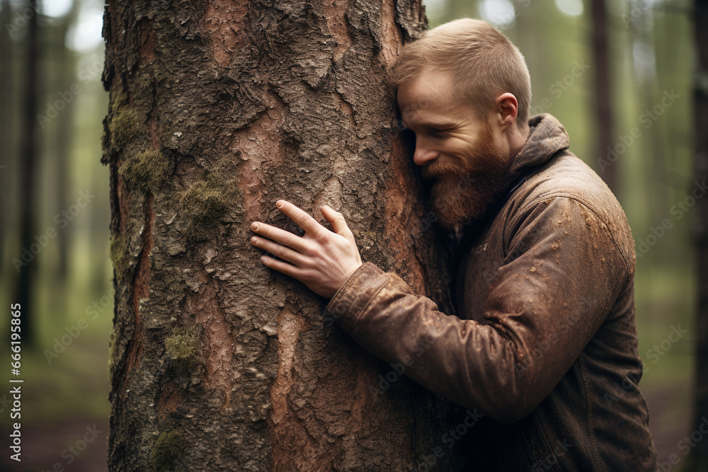 Protect from deforestation or climate change, man hugging a tree, green ...