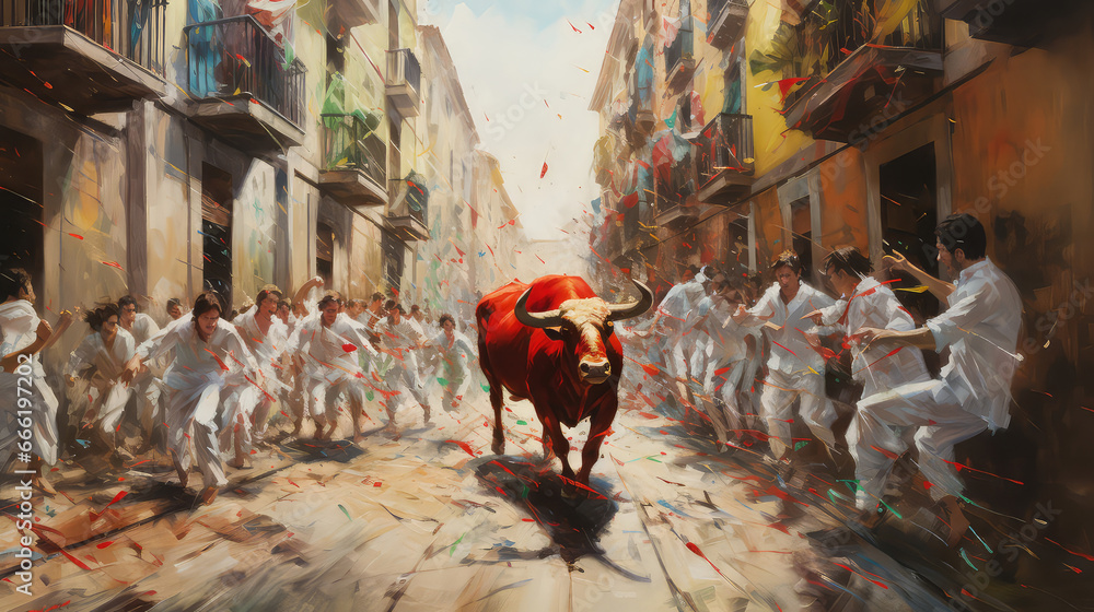 oil painting on canvas, Bulls and people running on the street. Bulls ...