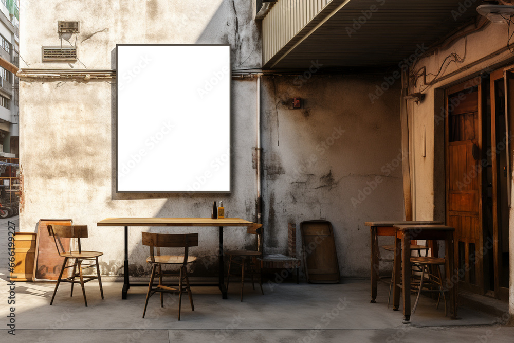 Side view at outdoor street alley with rough concrete wall and row of ...