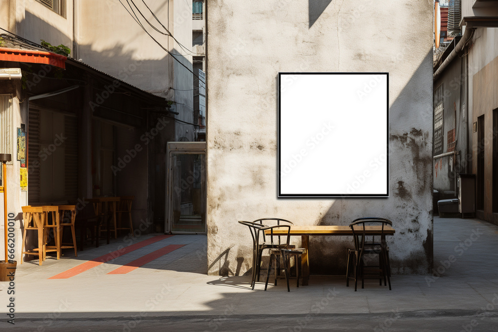 Side view at outdoor street alley with rough concrete wall and row of ...