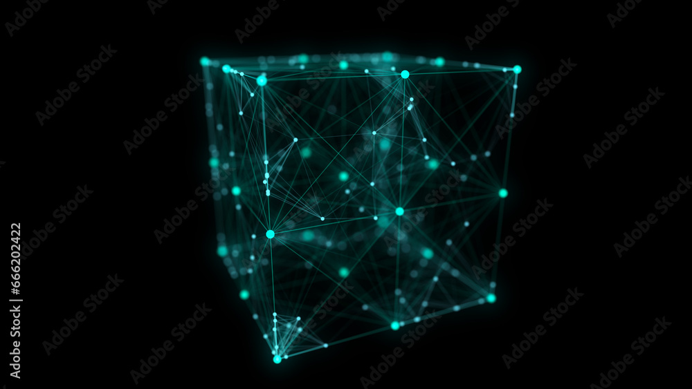 Abstract blue cube with connecting dots and lines. Big data visualization. Blockchain technology ...