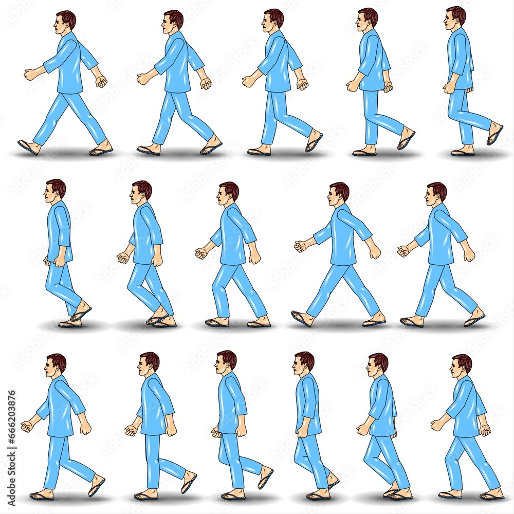 Vector illustration of a man walking in different poses. Set of ...