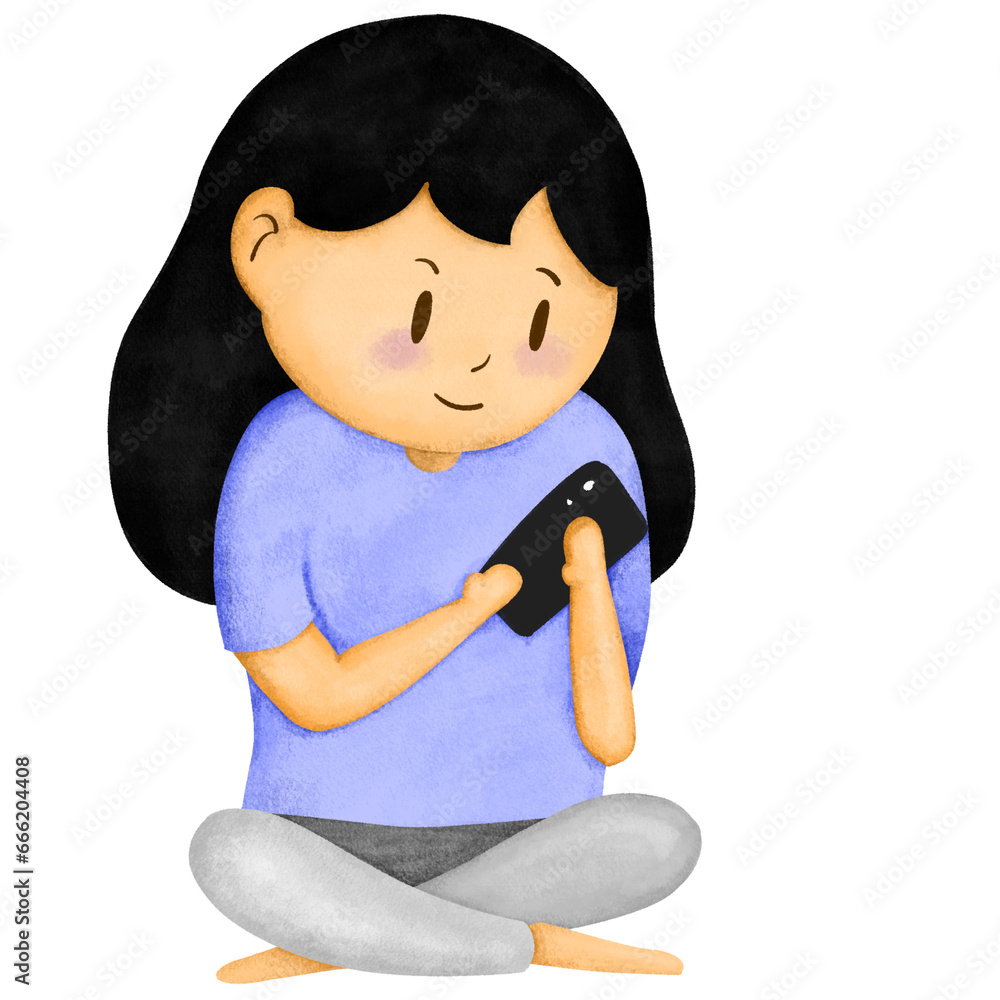 girl use smartphone social media cartoon cute draw vector illustration ...