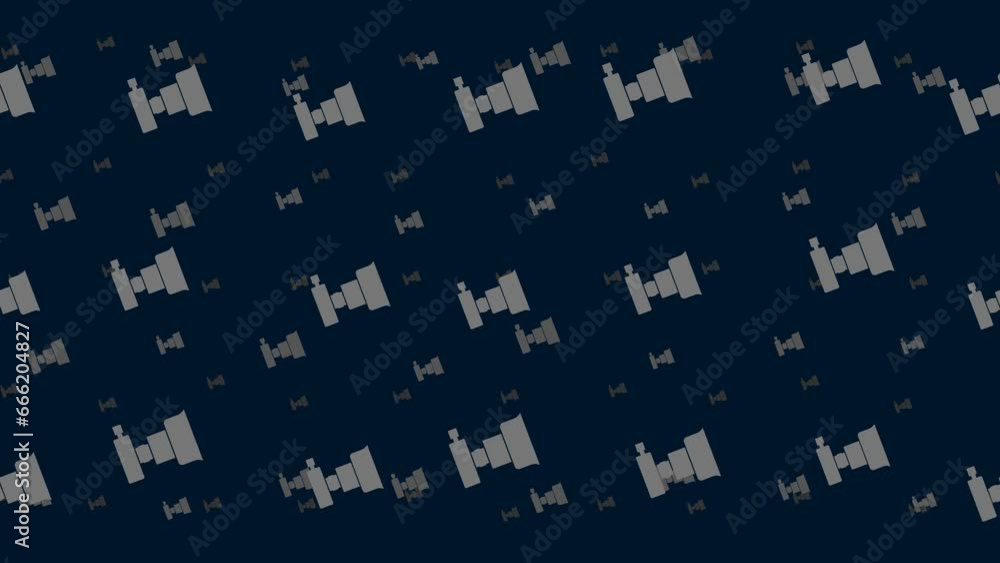 Camera symbols float horizontally from left to right. Parallax fly effect. Floating symbols are ...