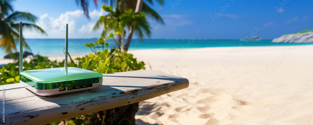 Wifi router on the sea beach by the hotel. Oceanfront wi-fi internet ...