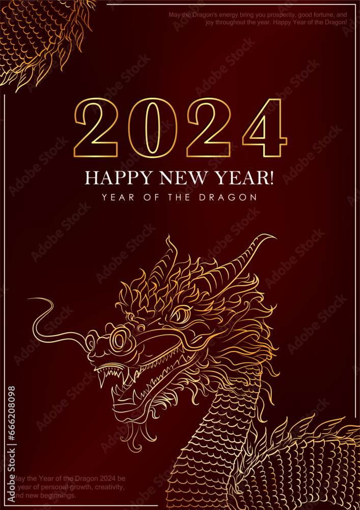 Holiday poster with hand drawn Asian dragon for 2024 Lunar New Year ...