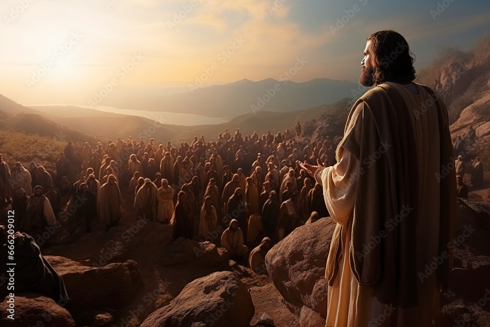 Jesus Christ's Sermon on the Mount. Jesus is on a mountain preaching to ...