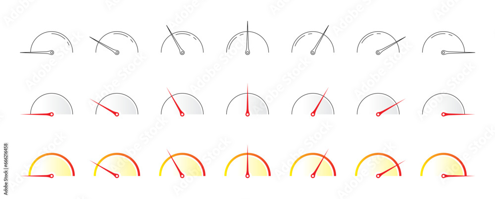 seven step speedometer set. semi-circle speedometers. vector indicator ...