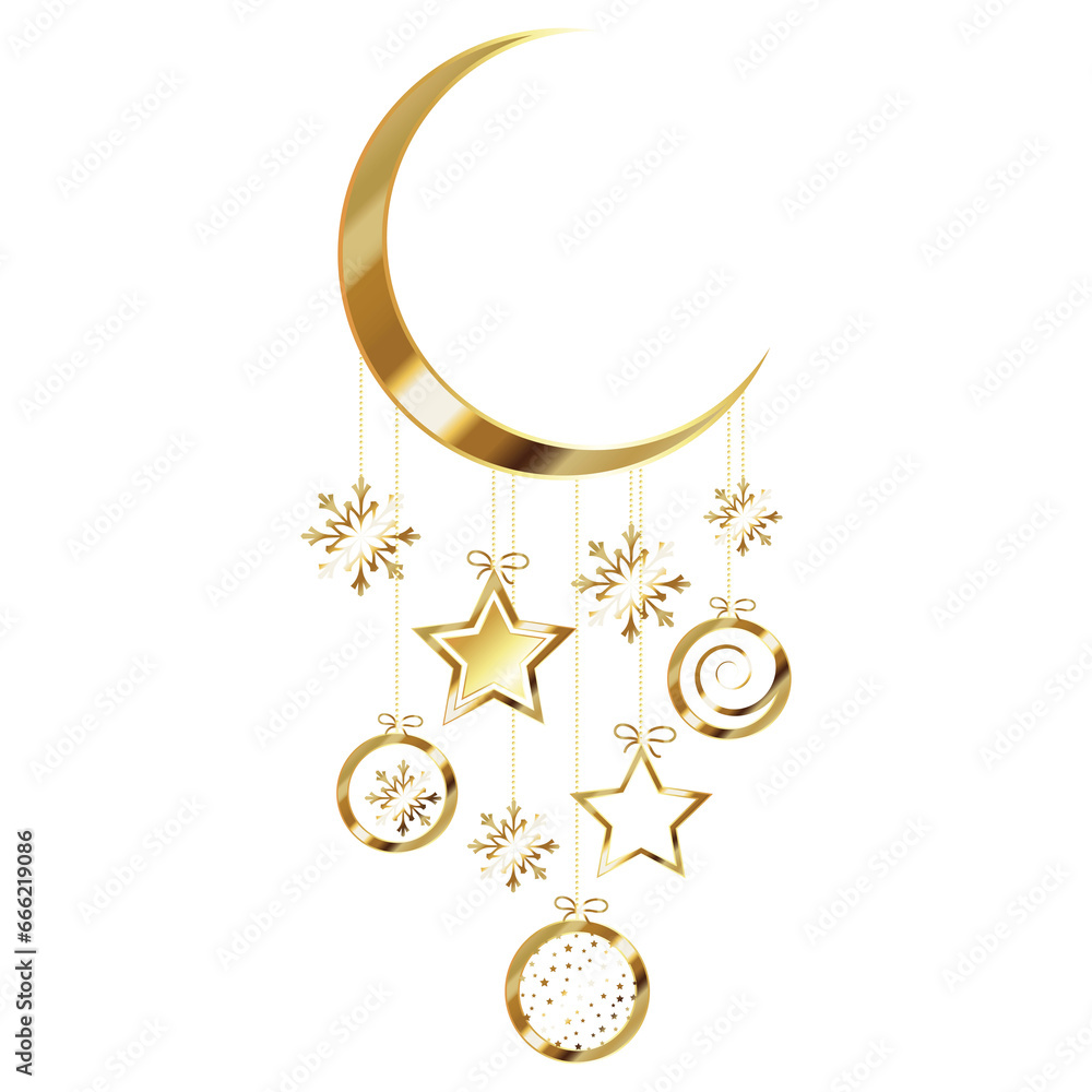 Golden crescent moon with hanging Christmas tree decorations stars and ...
