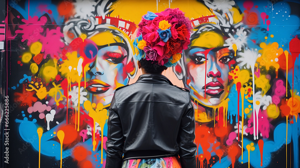 Amidst street art and graffiti, a passionate individual embraces ...