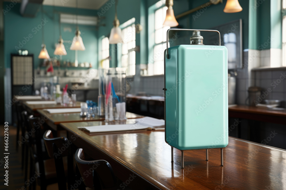A classroom with hand sanitizer stations and signage promoting hand ...